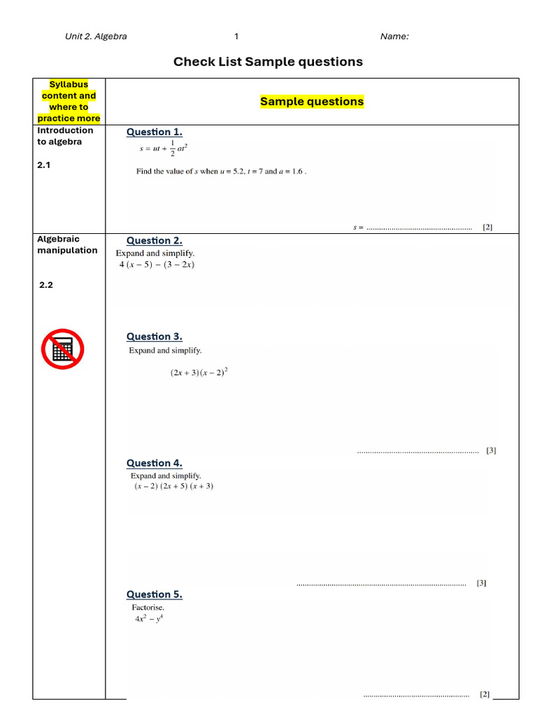 Algebra - Check List Sample Questions 1 | PDF | Algebra | Functions And ...