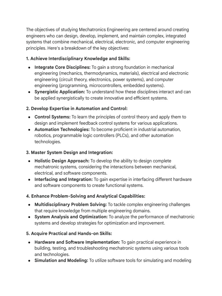 Objectives of Studying Mechatronics Engineering | PDF | Engineering | Mechatronics