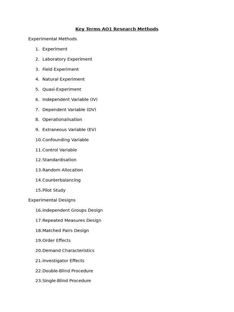Research Methods Key Terms Guide | PDF