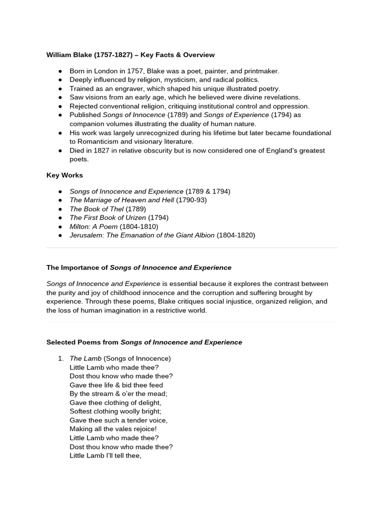 William Blake Hand Out | PDF | William Blake