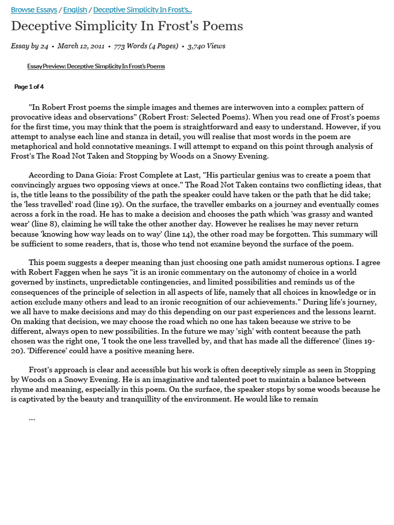 Deceptive Simplicity in Frost's Poems | PDF | Poetry