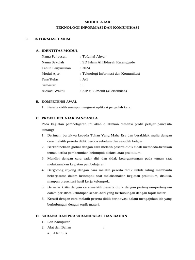 Modul Ajar Tik Kelas 1 Bab 1 | PDF