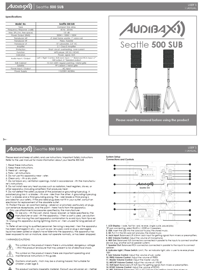 User Manual ENG - ESP Audibax Seattle 500 | PDF | Conector eléctrico | Enchufes y tomas de ...