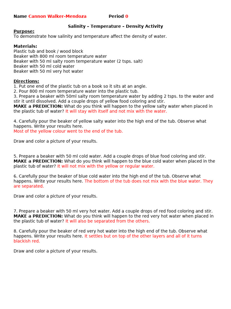 Salinity and Temperature Density Experiment | PDF