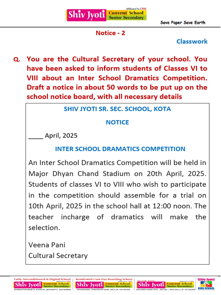 Class 7 English 2 Term 1 Notice 2 Classwork | PDF