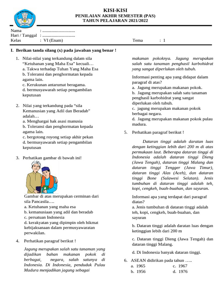 SOAL PAS KLS 6 TEMA 1 Fix | PDF