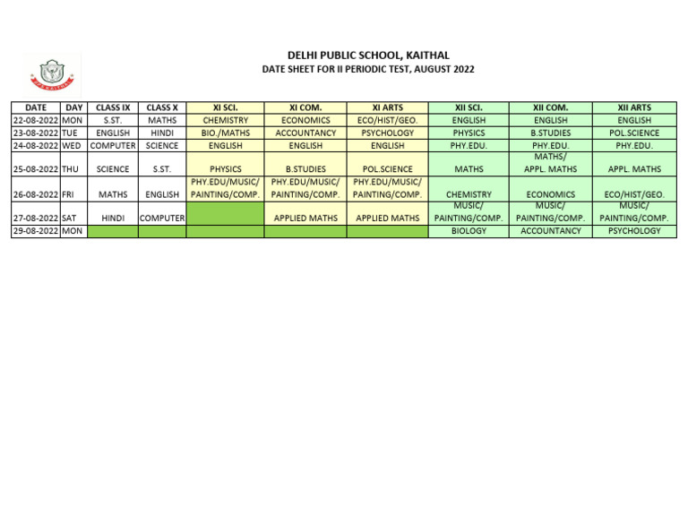 Date Sheet For II Periodic Test Aug 2022 | PDF