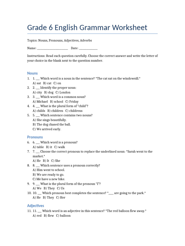 Grade 6 English Grammar Quiz Worksheet | PDF