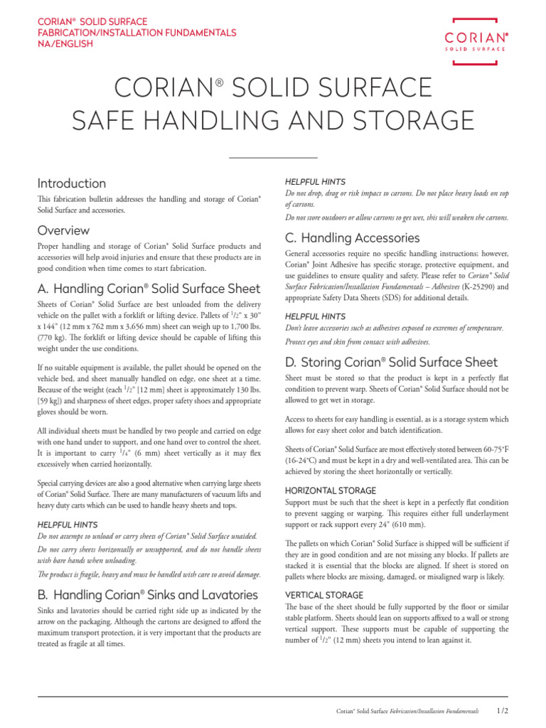 K-25285 Corian Solid Surface Safe Handling and Storage - 102019 | PDF | Pallet | Forklift