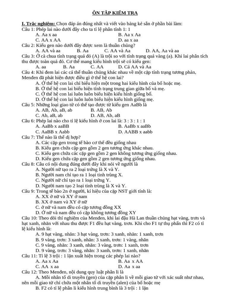 ÔN-TẬP-TN-TL-SINH-9-GIỮA-HKI-22-23 | PDF
