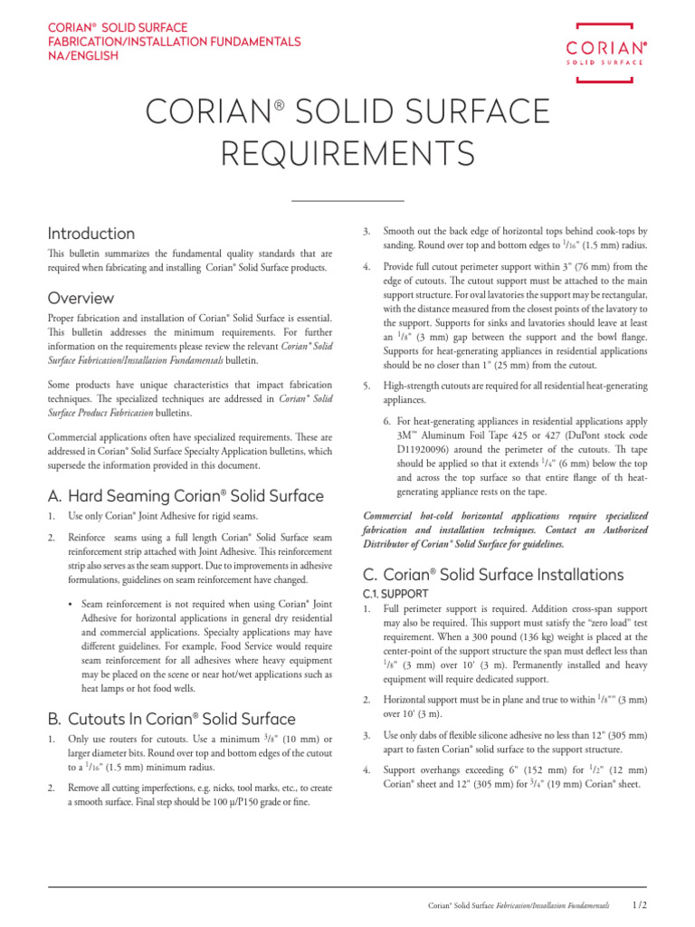 K-25705 Corian Solid Surface Requirements - 102019 | PDF | Disclaimer | Adhesive