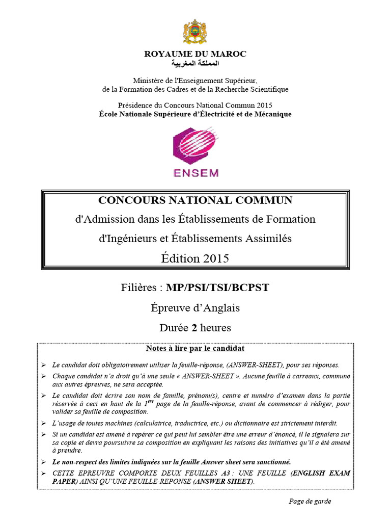 Anglais - BCPST - MP - PSI - TSI - 2015 | PDF