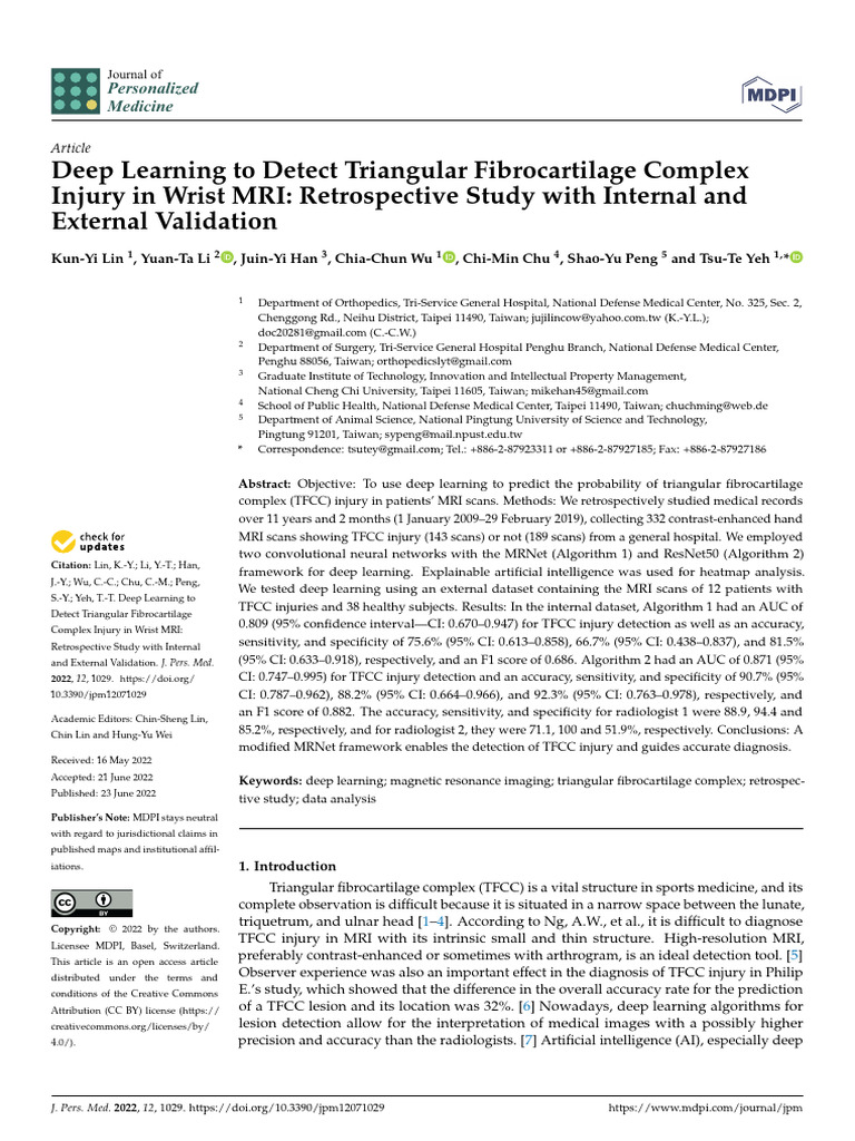 Deep Learning for TFCC Injury Detection | PDF | Receiver Operating ...