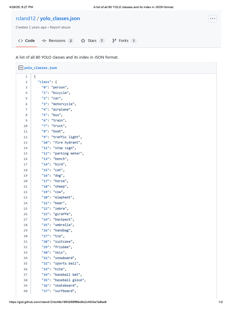 A List of All 80 YOLO Classes and Its Index in JSON Format | PDF