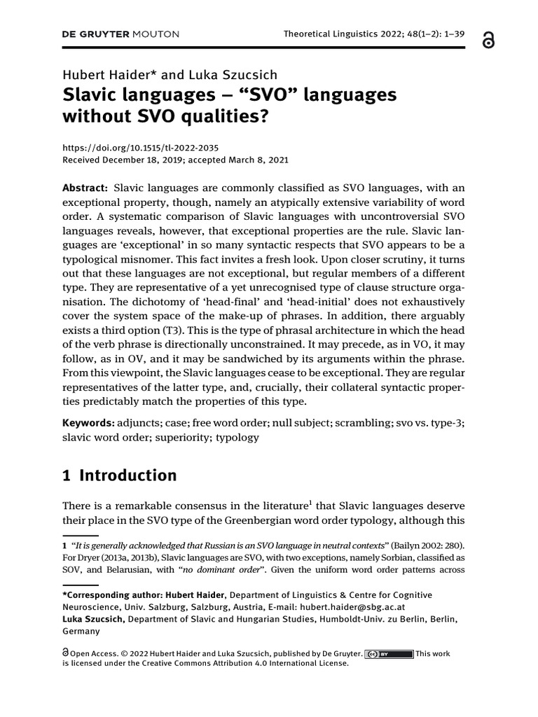 slavic SVO languages without SVO | PDF | Linguistic Typology | Syntax