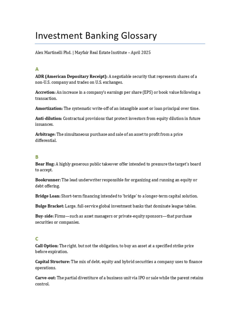 Investment Banking Glossary | PDF | Securities (Finance) | Mergers And ...