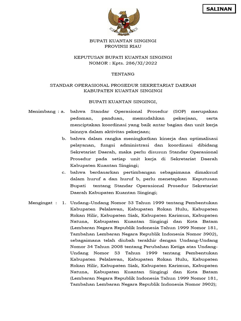 SK Nomor 286 Tahun 2022 TTG SOP SETDA 2022 | PDF