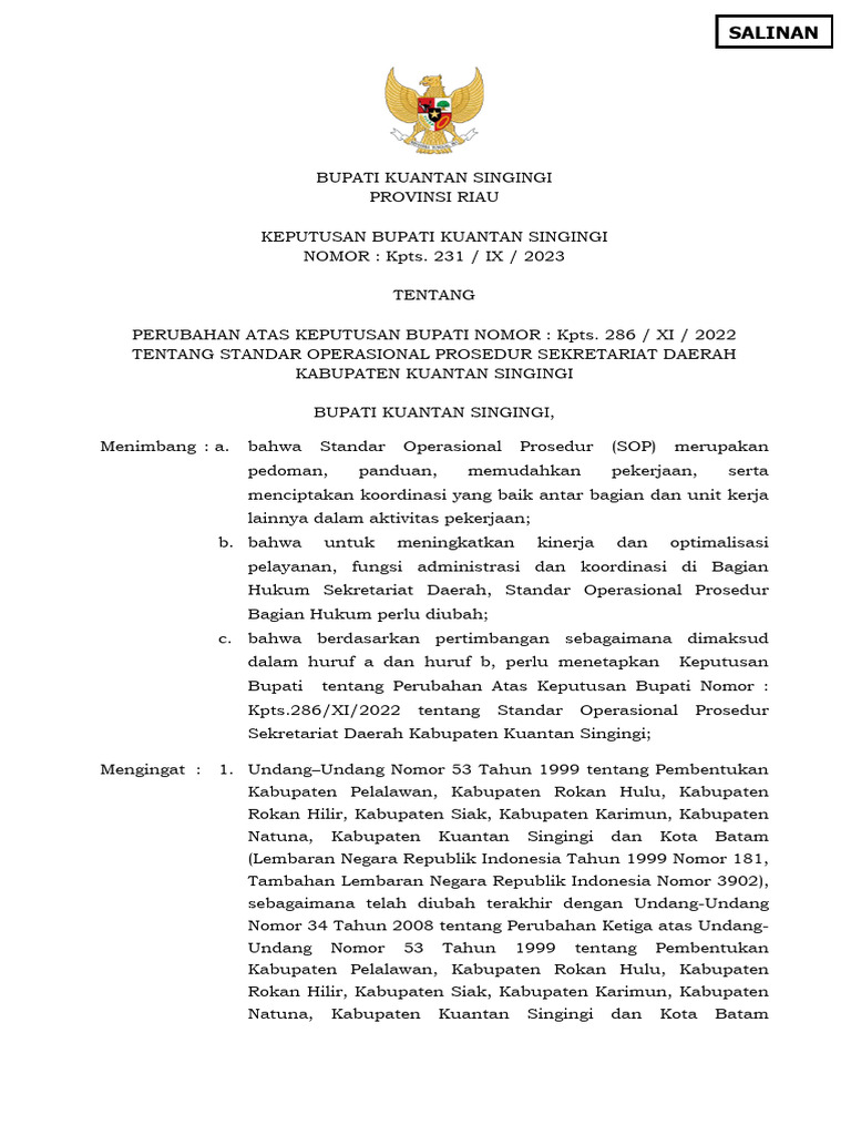 SK Nomor 231 Tahun 2024 TTG PERUBAHAN SOP SETDA 2022 | PDF