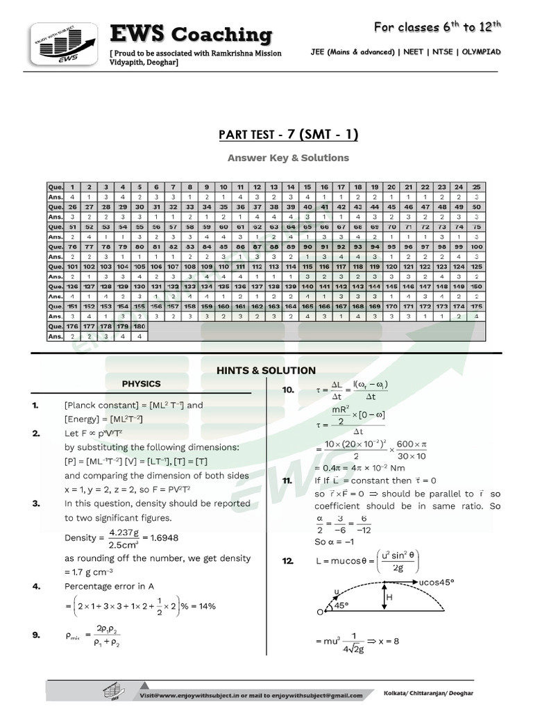 Neet Part Test - 7 ANSWERKEY (24 - 25) SMT-1 | PDF | Standardized Tests ...