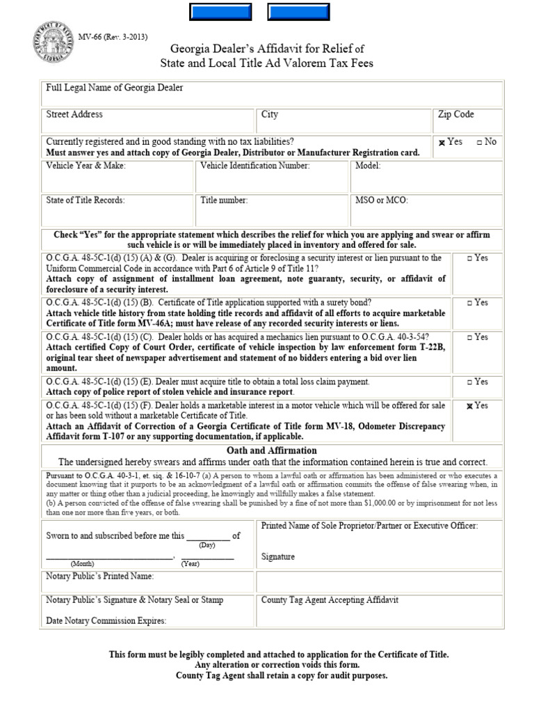 MV-66 - Dealer Affidavit For Relief of TAVT - 0 | PDF | Affidavit | Perjury