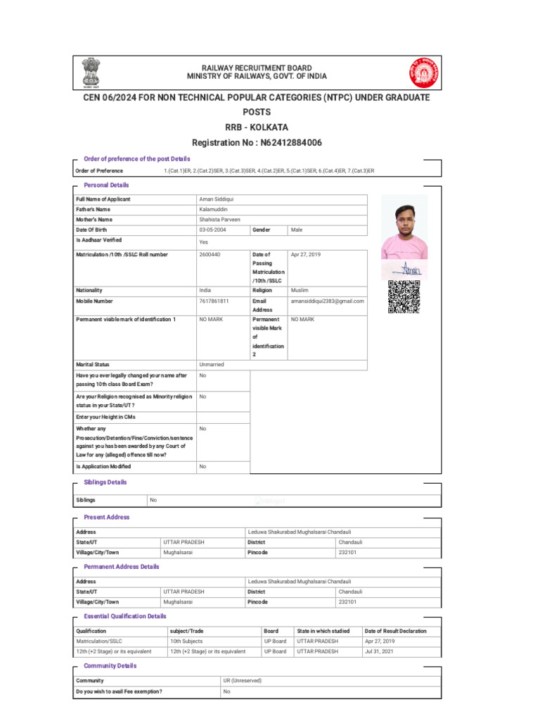 Rrbapply.gov.in # Pscexamservice Candidate View Application Id=b00c0b17 ...