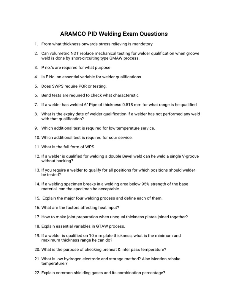 ARAMCO PID Welding Exam Questions | PDF
