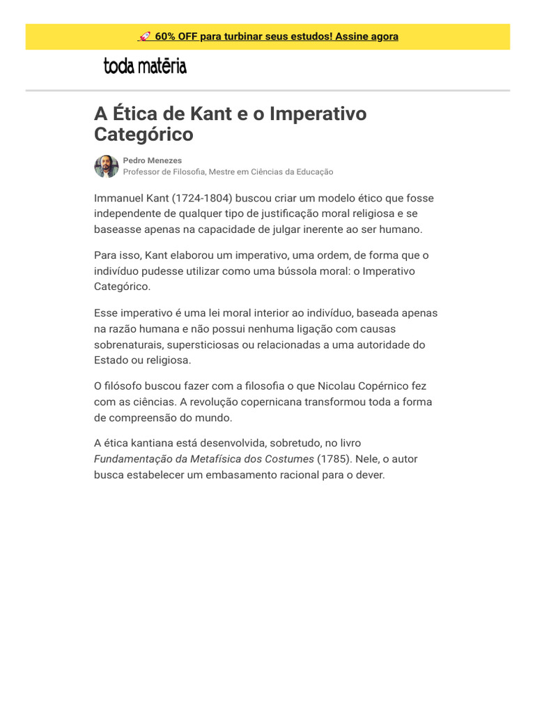 A Ética de Kant e o Imperativo Categórico - Toda Matéria | PDF | Immanuel Kant | Moralidade