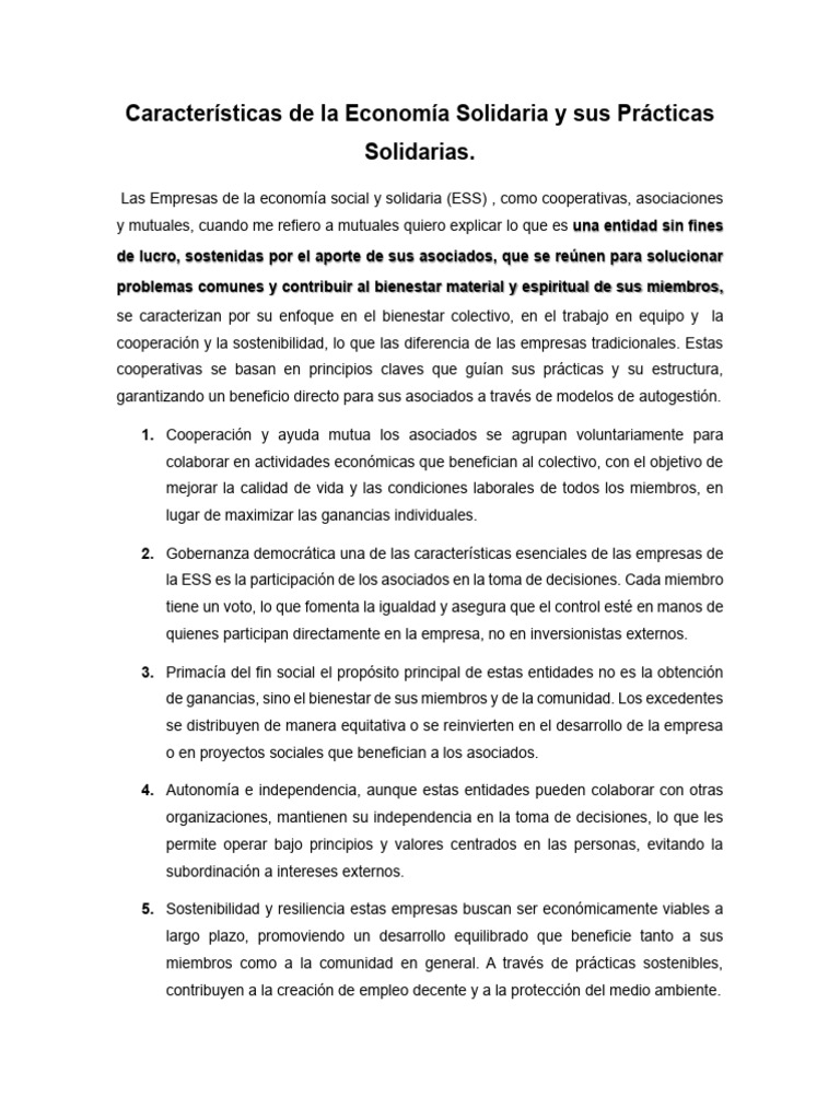 Características de la Economía Solidaria y sus Prácticas Solidarias ...