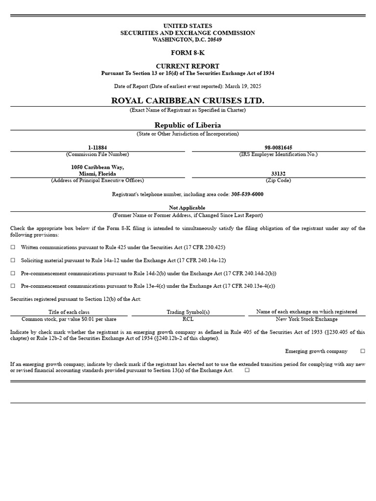 RCL (Royal Caribbean Cruises LTD.) (8-K) 2025-03-19.pdf | PDF | Securities (Finance) | Risk