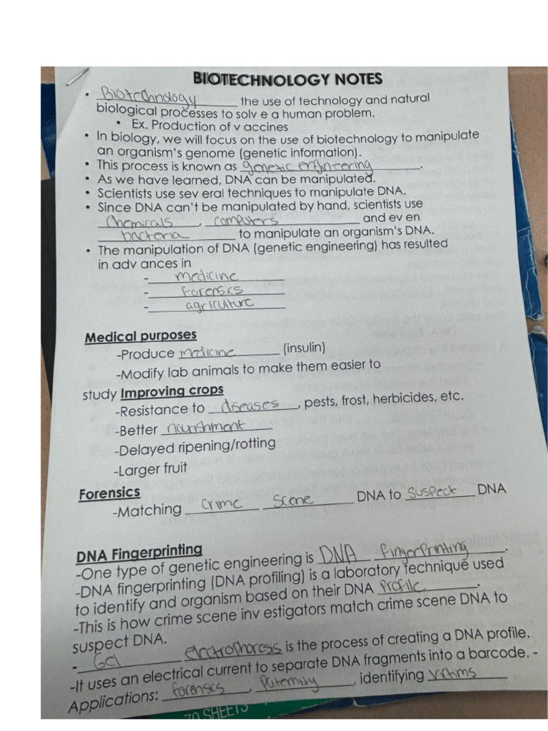 Biotechnology Guided Notes Work | PDF