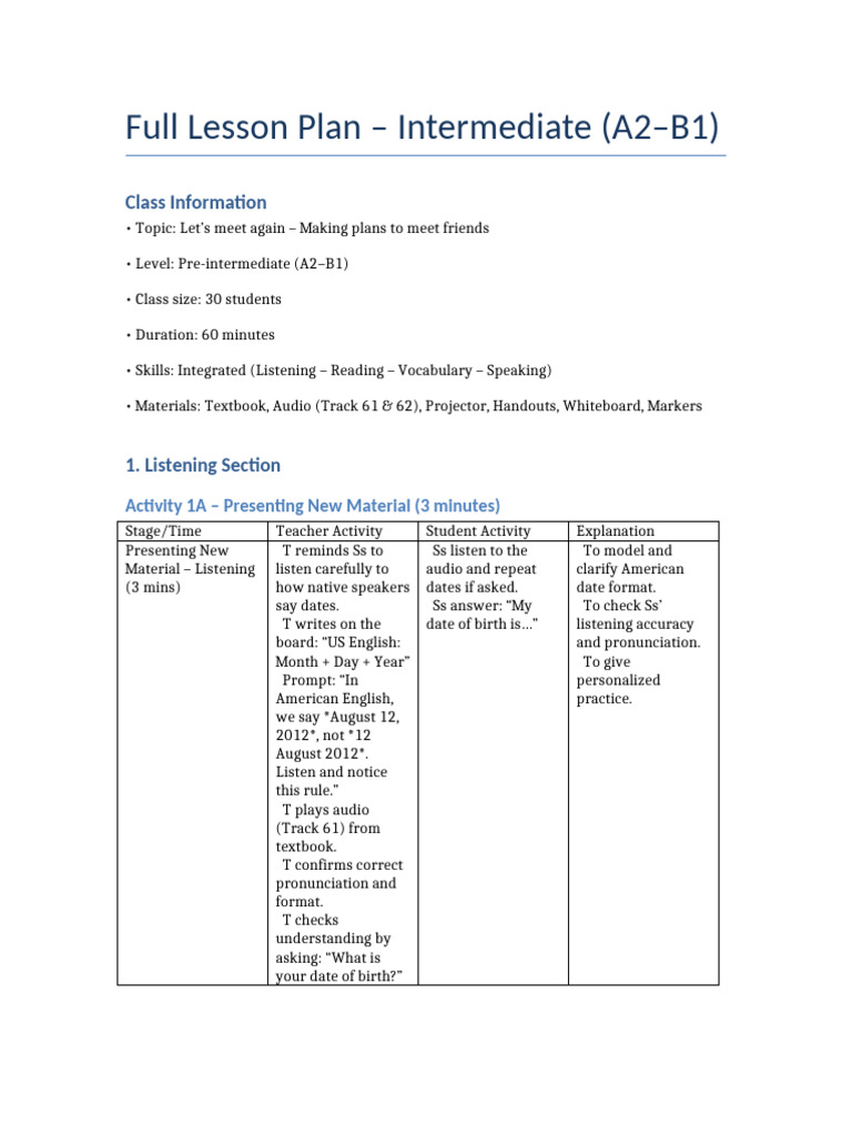 Full Lesson Plan Intermediate A2B1 | PDF | Applied Linguistics ...