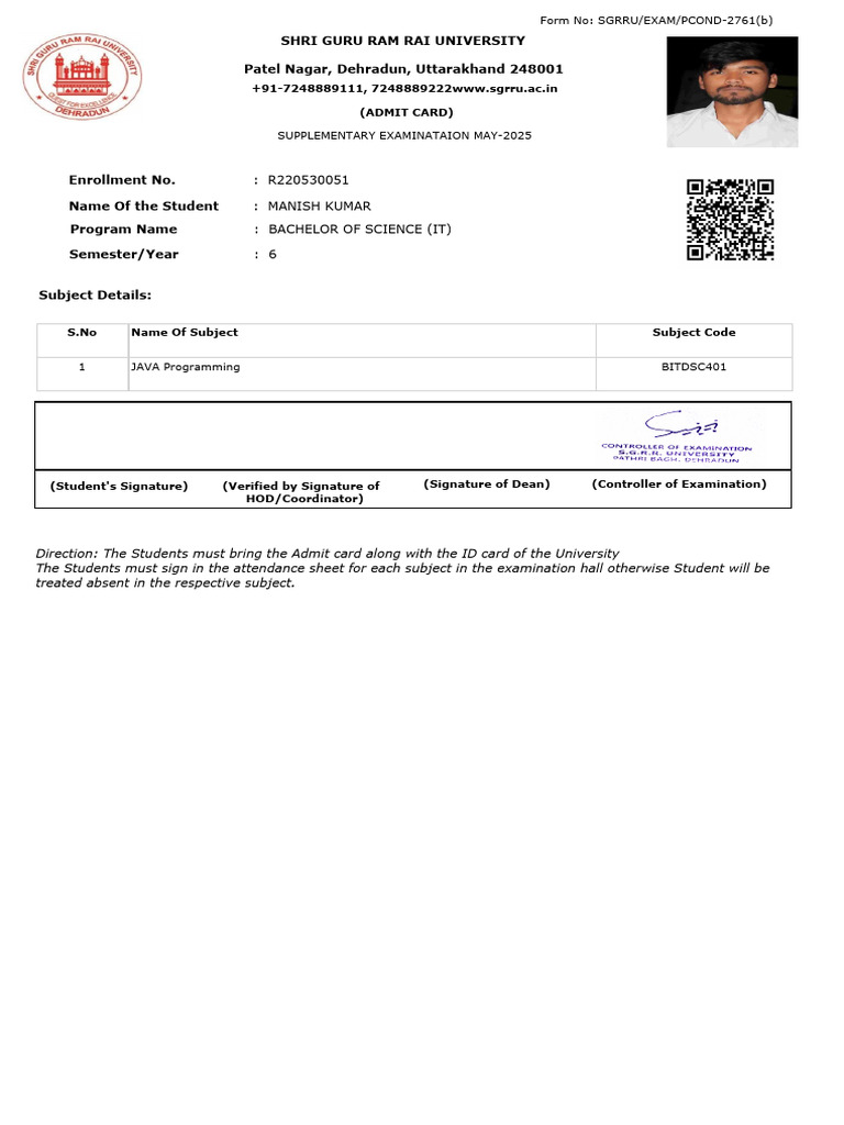 r Pts Grr Student Back Admit Card | PDF