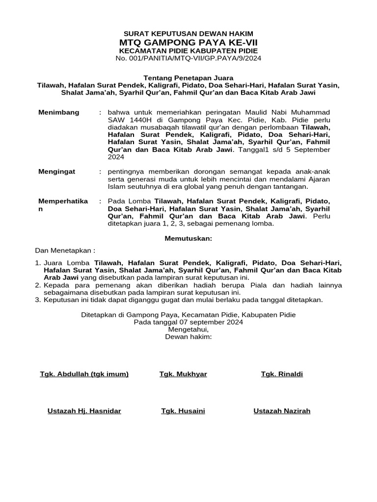 Surat Keputusan Penetapan Juara Lomba | PDF