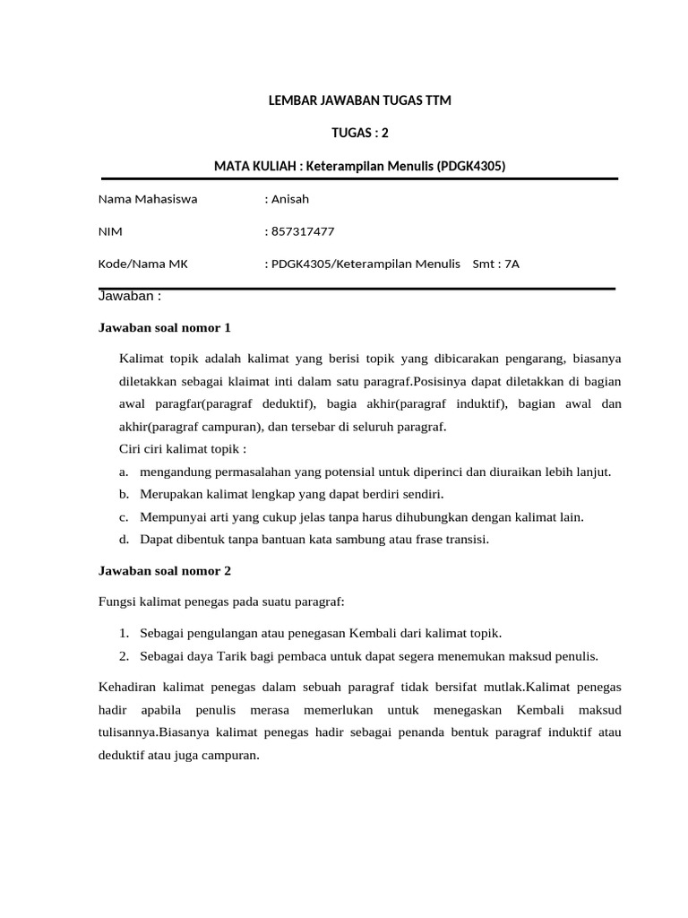 TTM 2 Keterampilan Menulis_Anisah7A | PDF