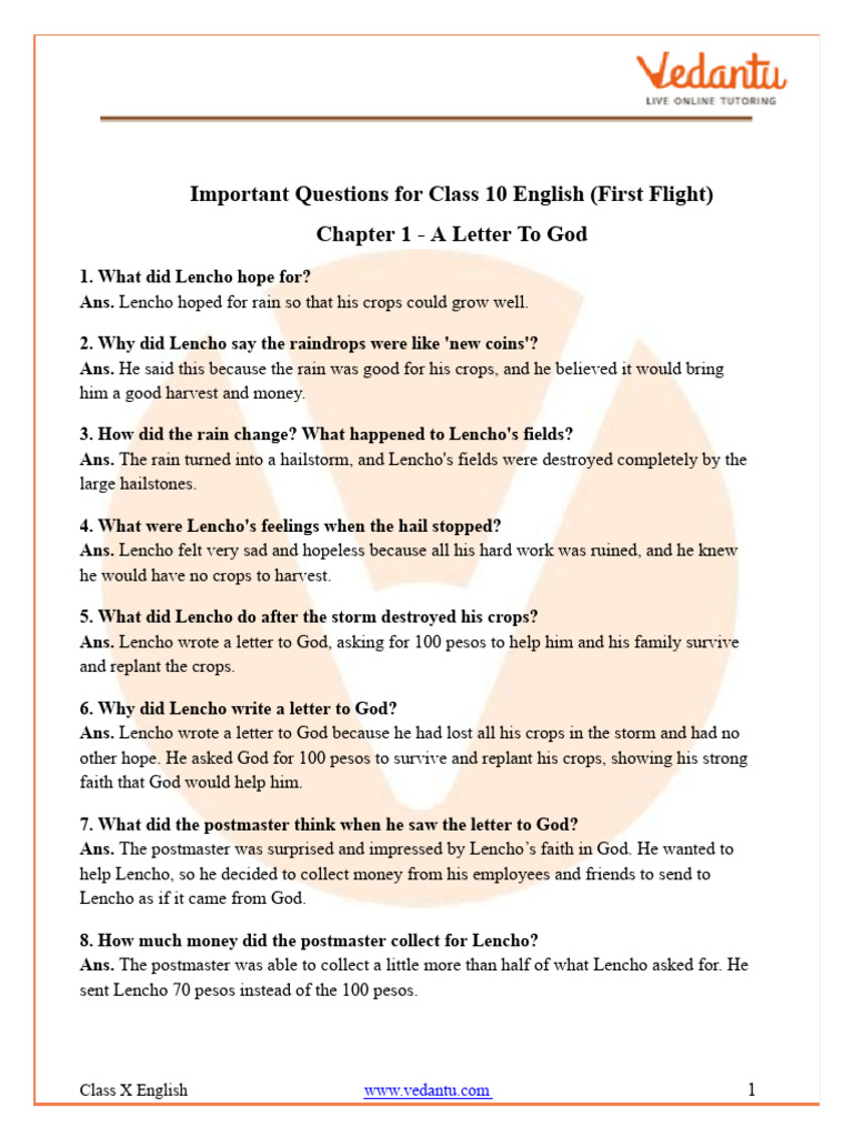 Important Questions For Class 10 English (First Flight) Chapter 1 PDF ...