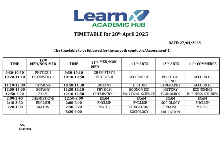 TimeTable For 28th April | PDF