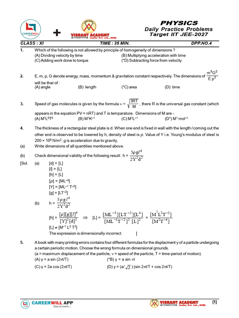 JEE Physics Practice: Dimensional Analysis | PDF | Force | Acceleration