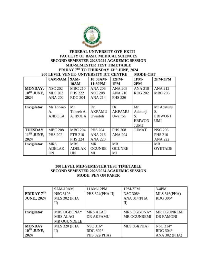 FUOYE 2024 Mid-Semester Test Timetable | PDF | Higher Education ...