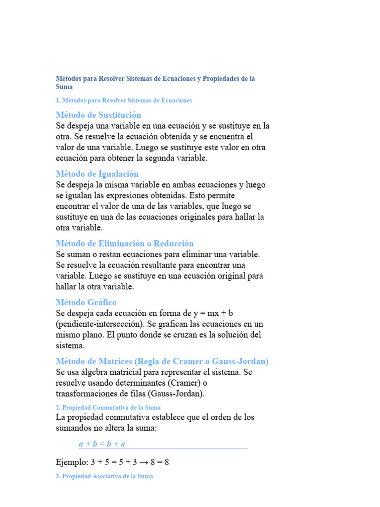 Metodos Sistemas Ecuaciones Propiedades Suma | PDF