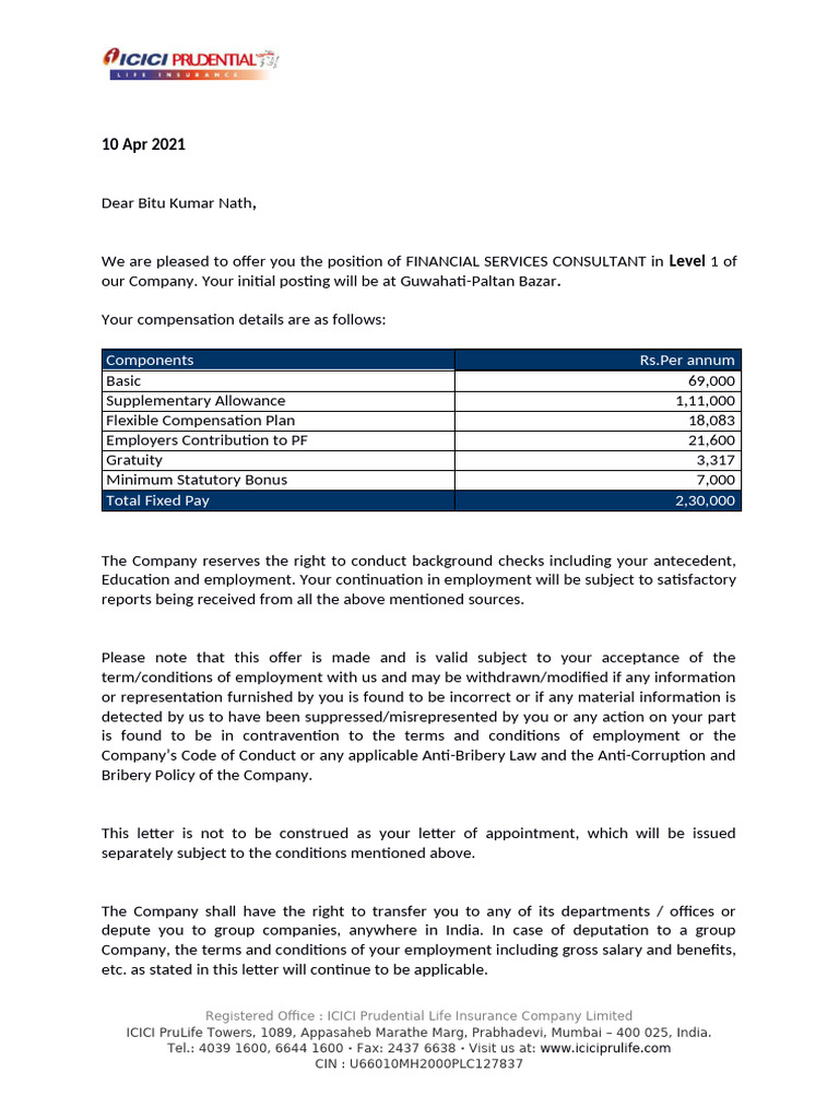 ICICI Prudential Life Insurance Offer Letter | PDF | Life Insurance ...