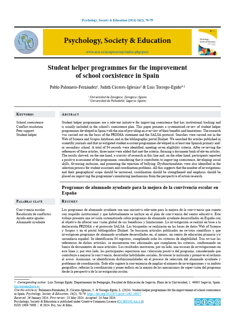 Student Helper Programmes For The Improvement of School Coexistence in Spain 2024 UCOPress ...