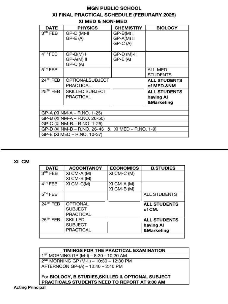 XI PRACTICAL SCHEDULE For Final Exams | PDF