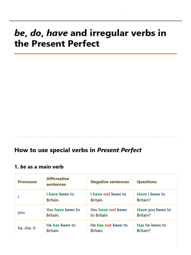 Be, Do, Have and Irregular Verbs in The Present Perfect | PDF ...