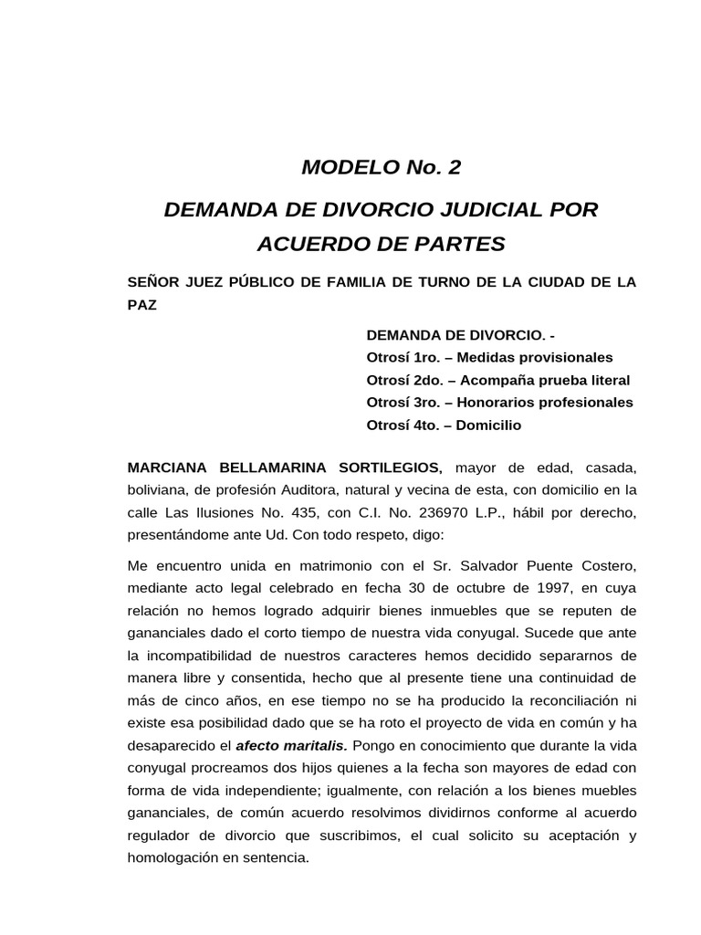 Demanda de Divorcio Judicial en Bolivia | PDF | Divorcio | Justicia