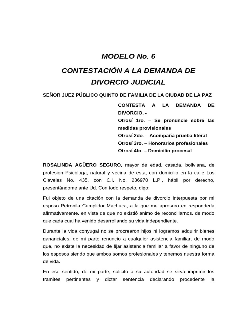 Contestación A Demanda De Divorcio Pdf