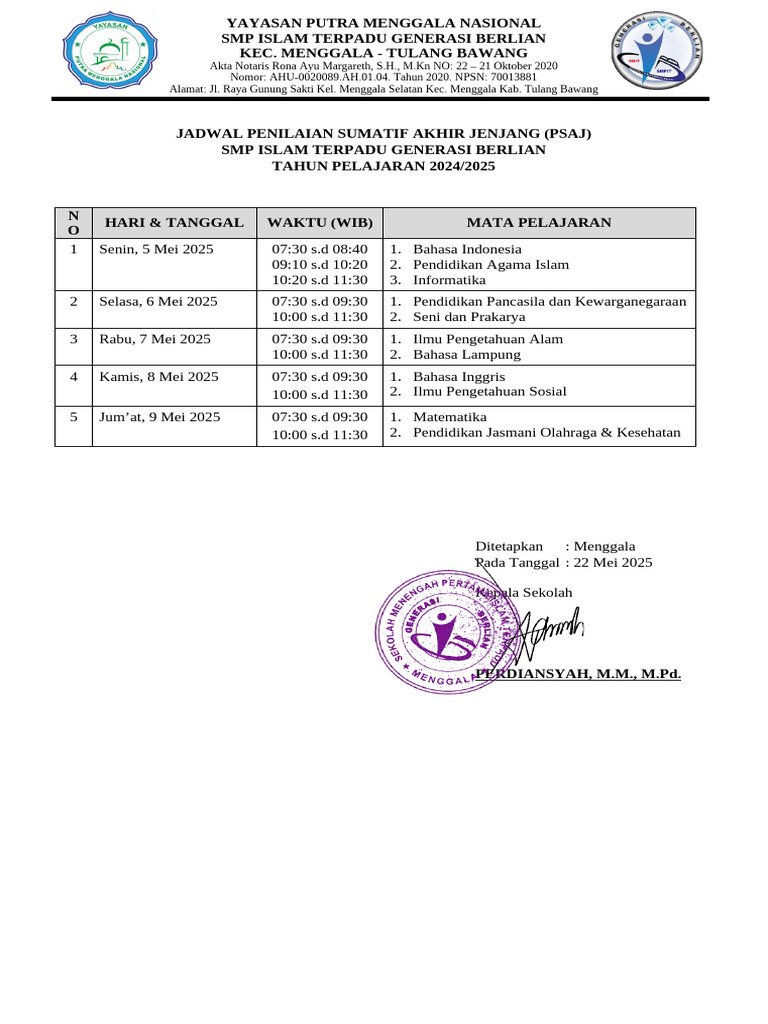 Jadwal Psaj TP 2024.2025 | PDF