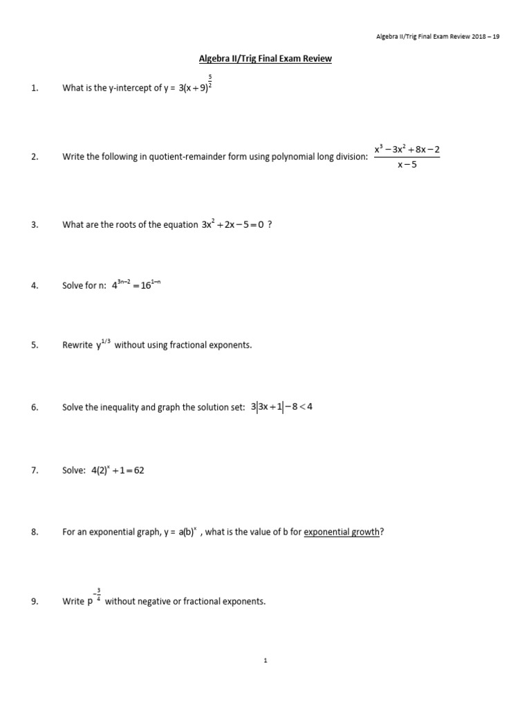 A2 Trig Final Exam Review 18 19 | PDF | Algebra | Exponentiation