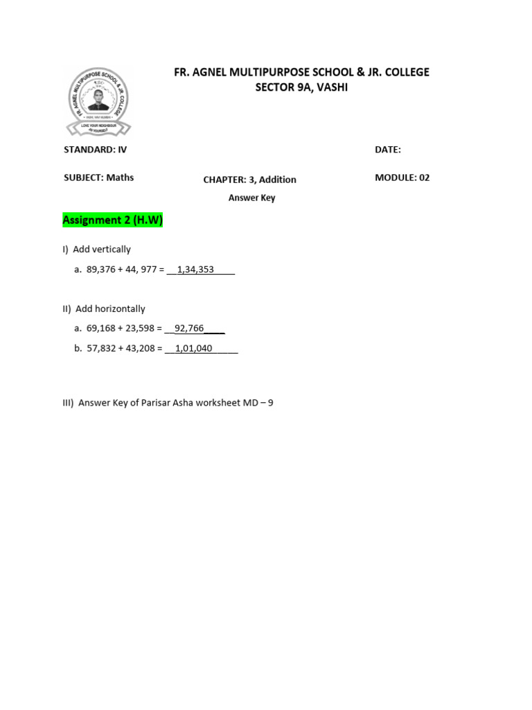 Answer Key H.W Chapter 3 Addition Module 2 Math STD IV | PDF