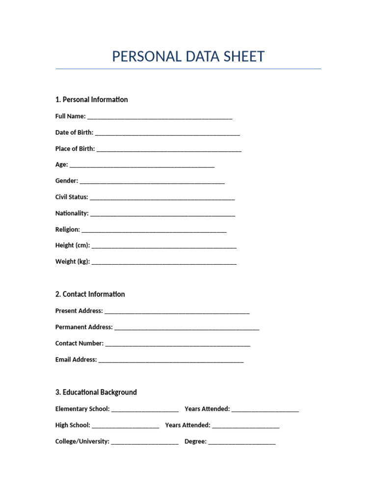 Personal Data Sheet Template | PDF