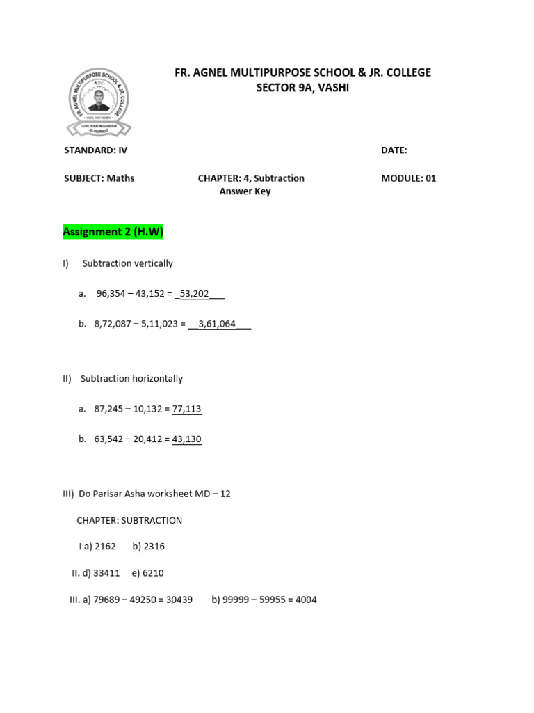 Answer Key H.W Chapter 4 Subtraction Module 1 Math Std IV | PDF